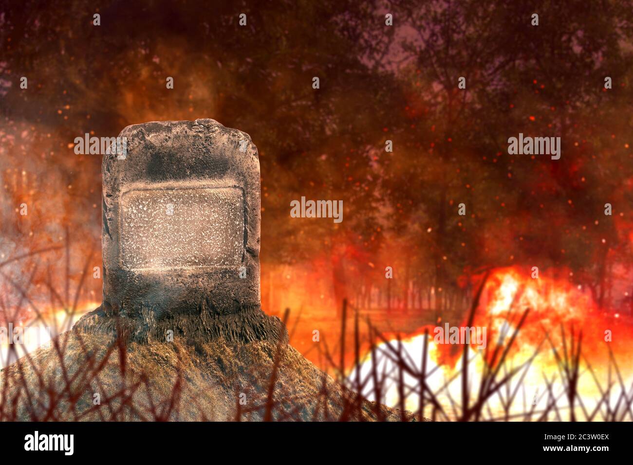 Tombstone with fire and smoke on fire in the forest. Halloween concept ...