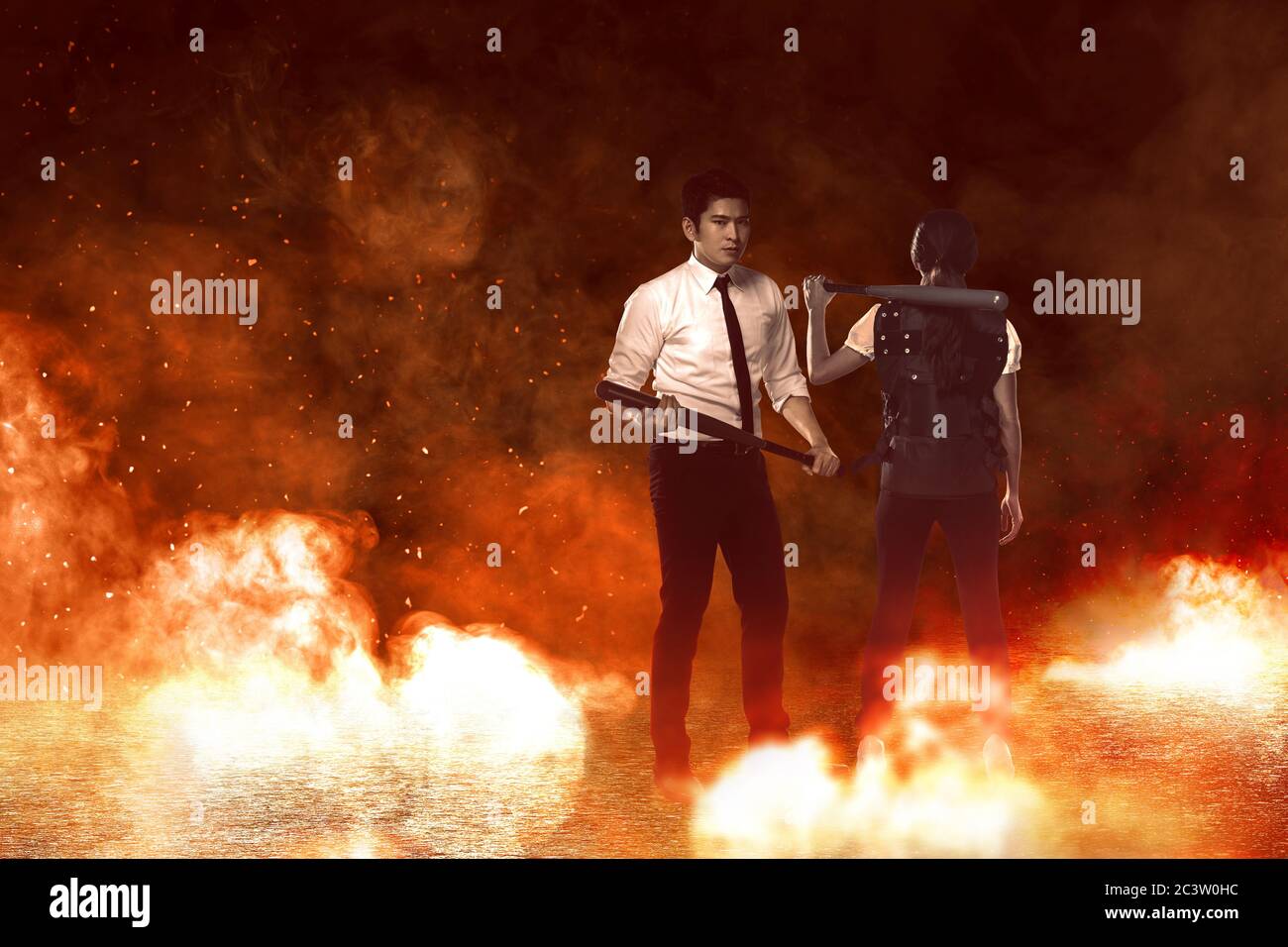 Asian people in police vest standing with a baseball bat controlling ...