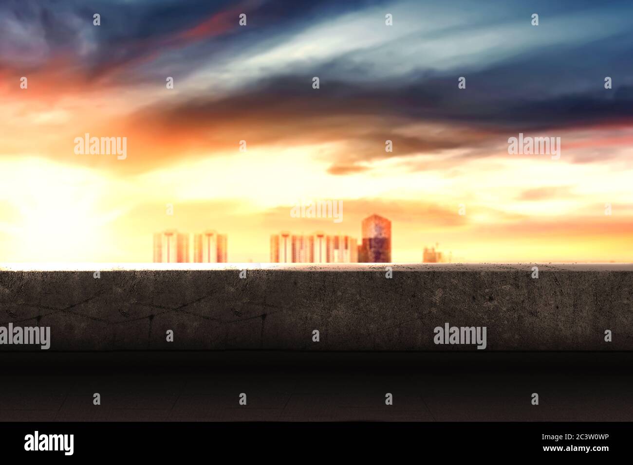 Empty terrace with modern building and skyscrapers view with a dramatic ...