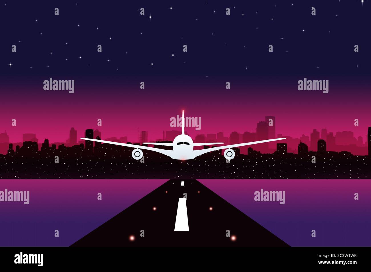 night flight plane landing retro colors banner Stock Photo - Alamy