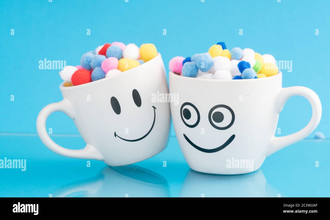 Couple of Happy Mug with smiley face. Happiness, smile, fresh and love ...