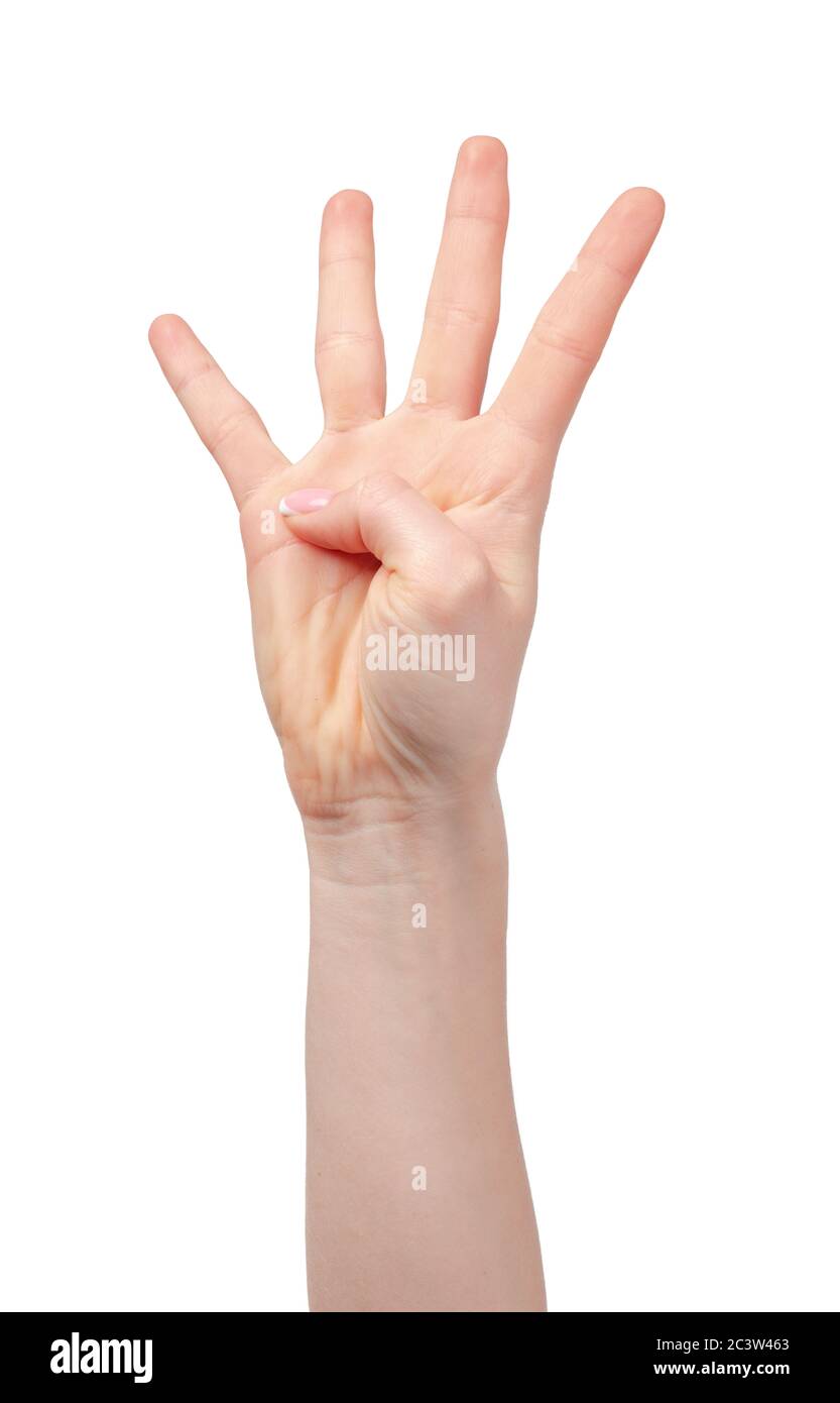 Female hand showing four fingers on white background Stock Photo - Alamy