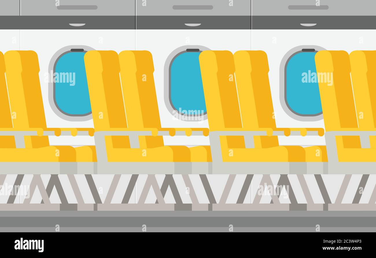 Aircraft interior with windows and seats, colorful flat vector ...