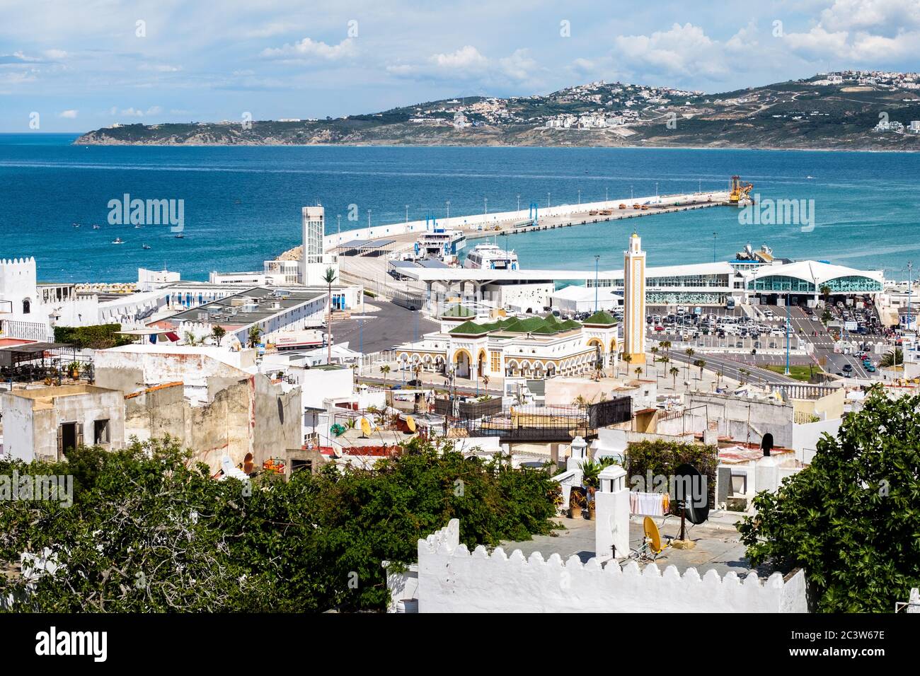 Morocco, Tangier: overview of the port with the ferry terminal Stock ...