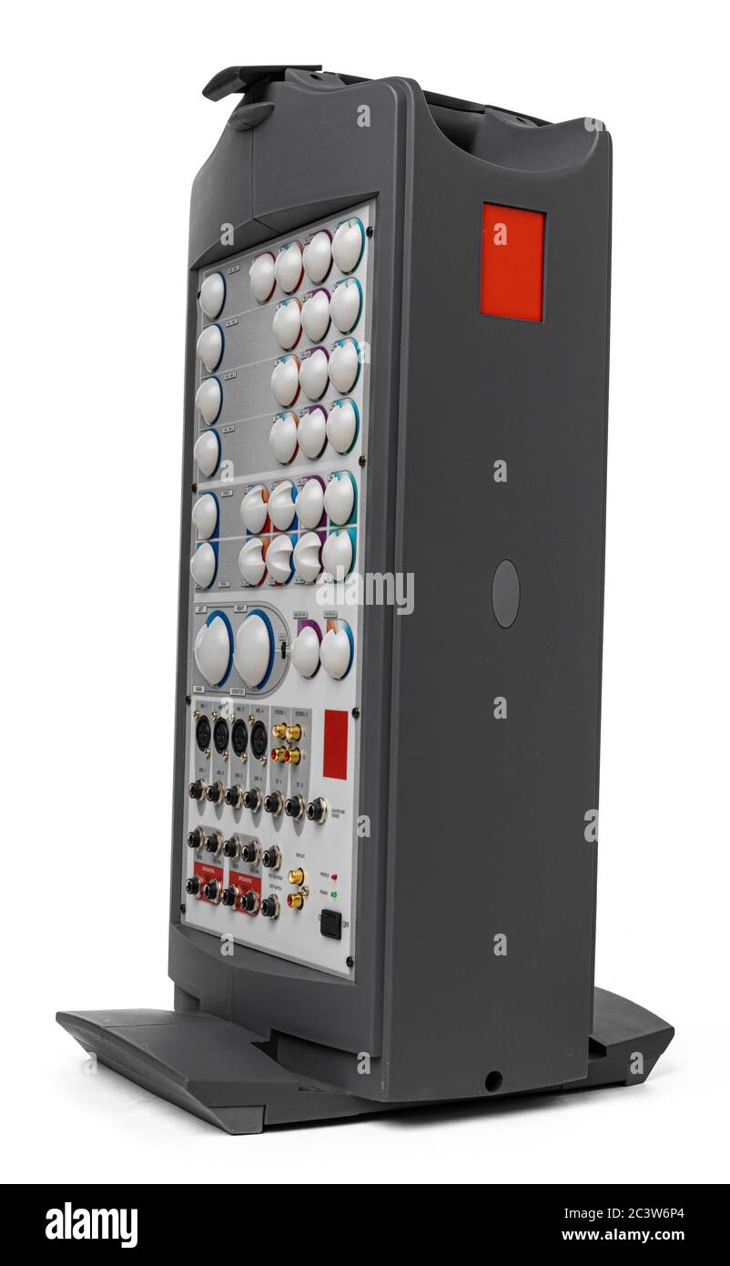 Modern audio system amplifier on white background Stock Photo - Alamy