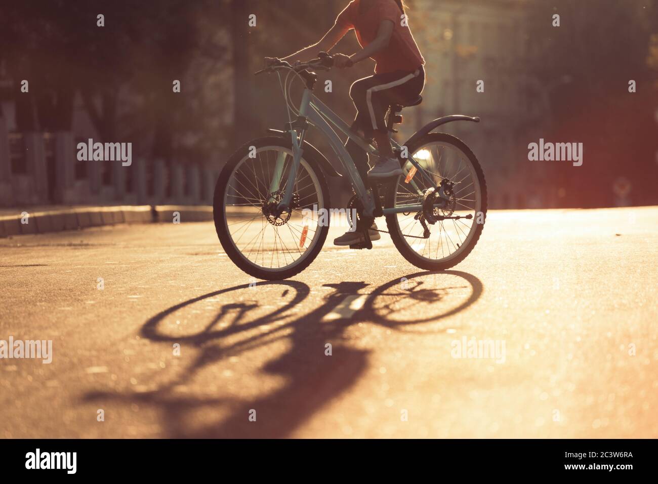 Girl Kid Riding Bike in Summer in City at Beautiful Sunset Stock Photo ...