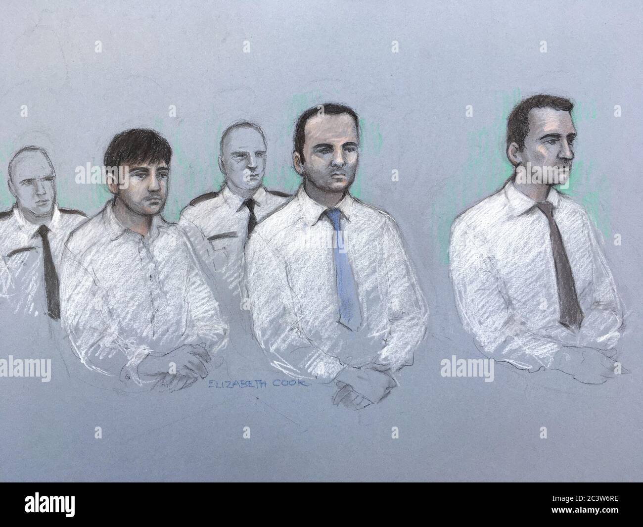 Court artist sketch by Elizabeth Cook of (left to right) Henry Long, 19 ...