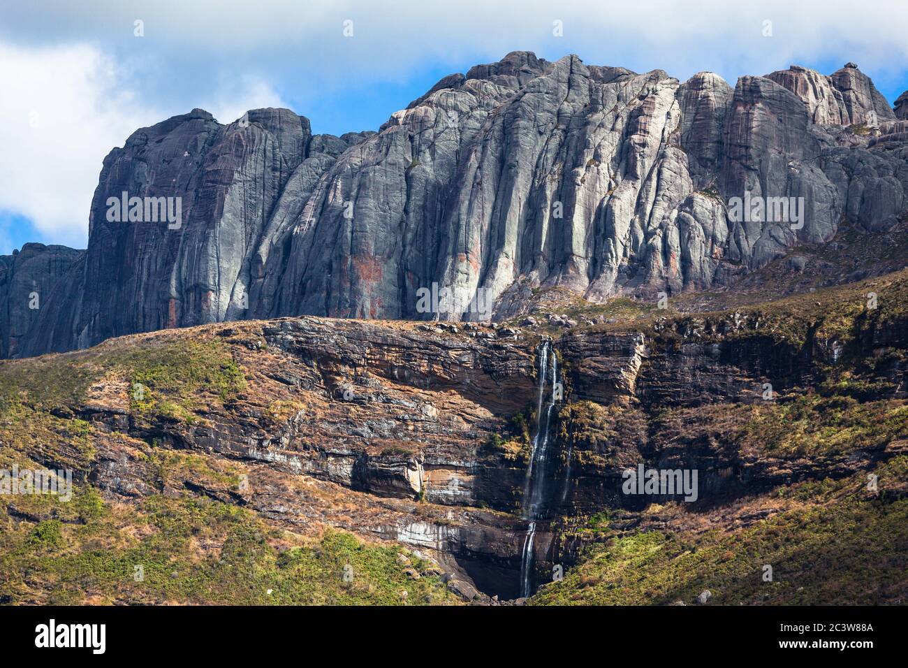 Beautiful mountain valley waterfall and granite rock formations Stock ...