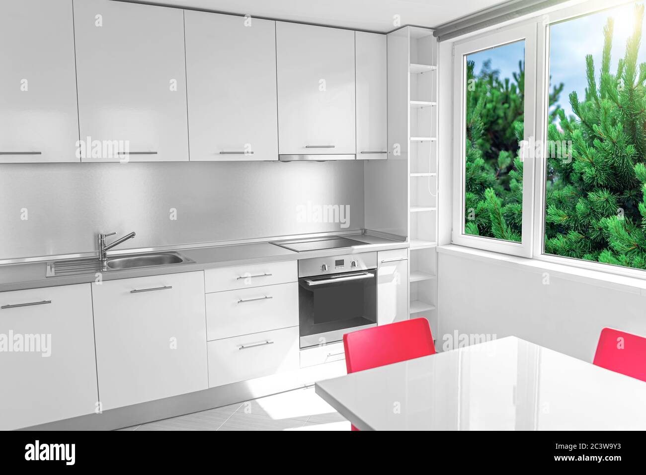 Kitchen interior with panoramic window Stock Photo - Alamy