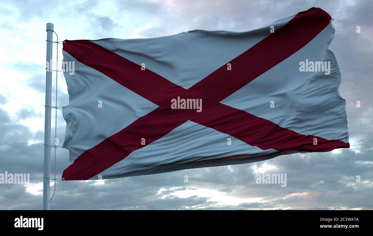 Flag of Alabama waving in the wind against deep beautiful clouds sky ...