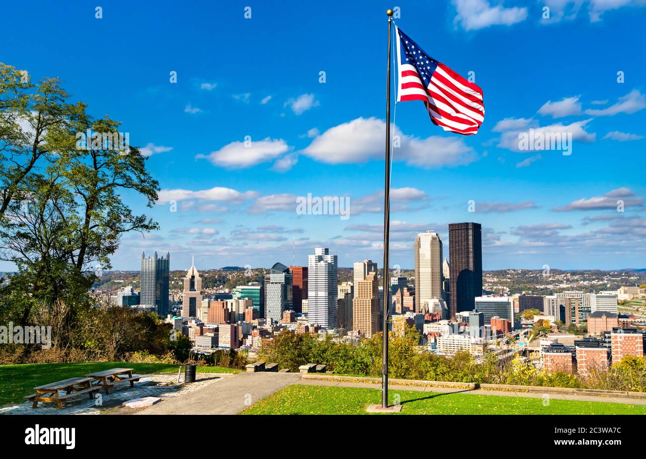 American flag at Emerald View Park overlooking Downtown Pittsburgh ...