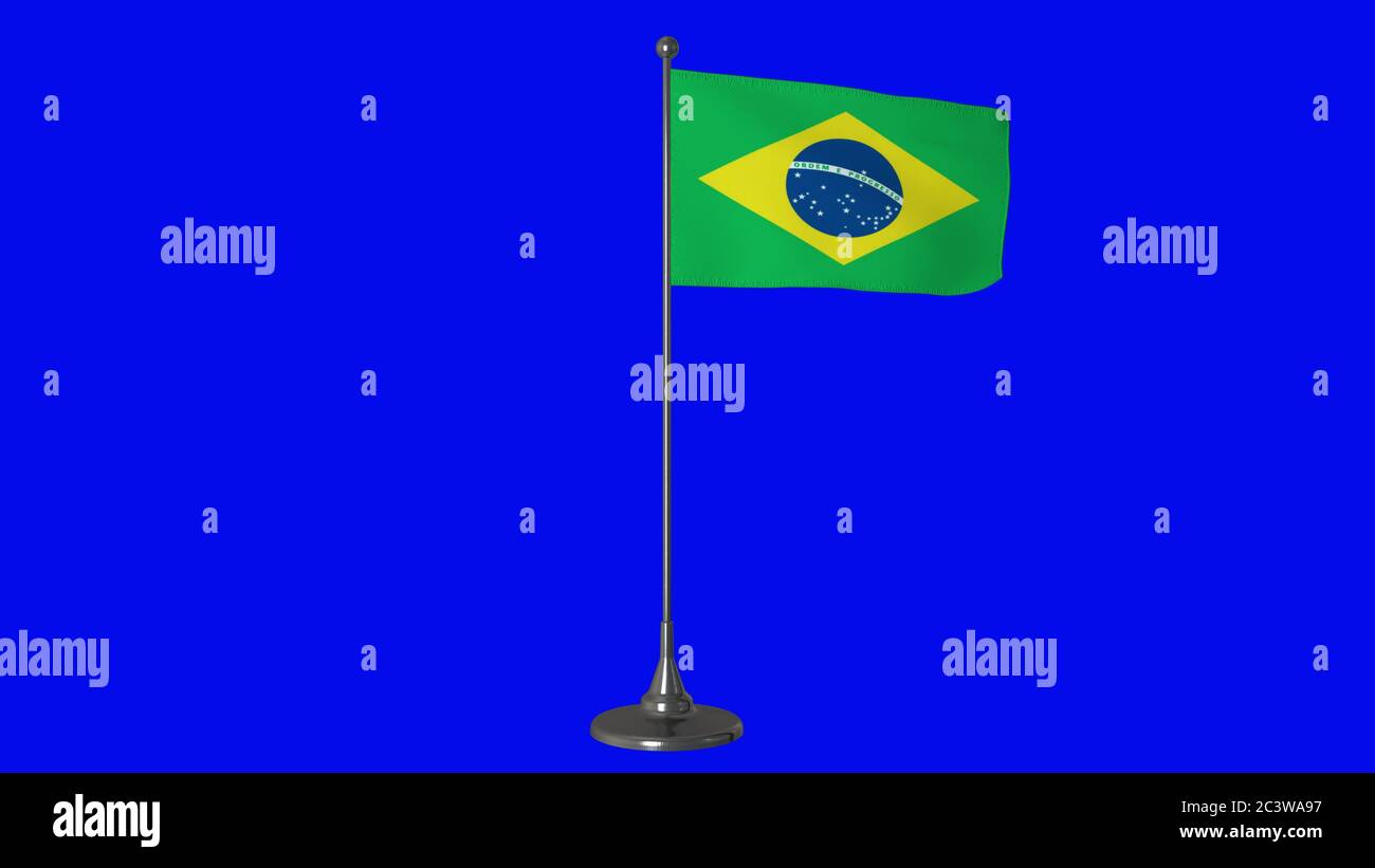 Brazil small flag fluttering on a flagpole. Blue screen background. 3d ...