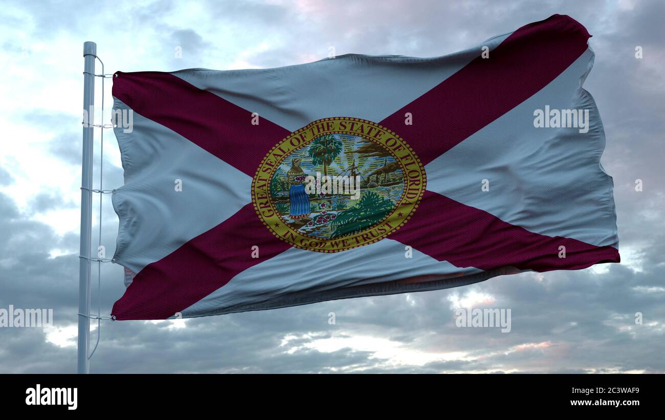 Flag of Florida waving in the wind against deep beautiful clouds sky ...