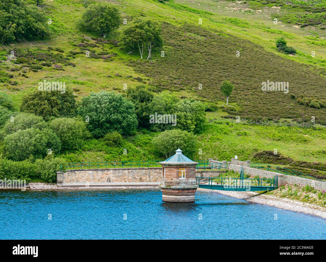 Outlet tower at Scottish Water Hopes Reservoir dam, Lammermuir Hills ...