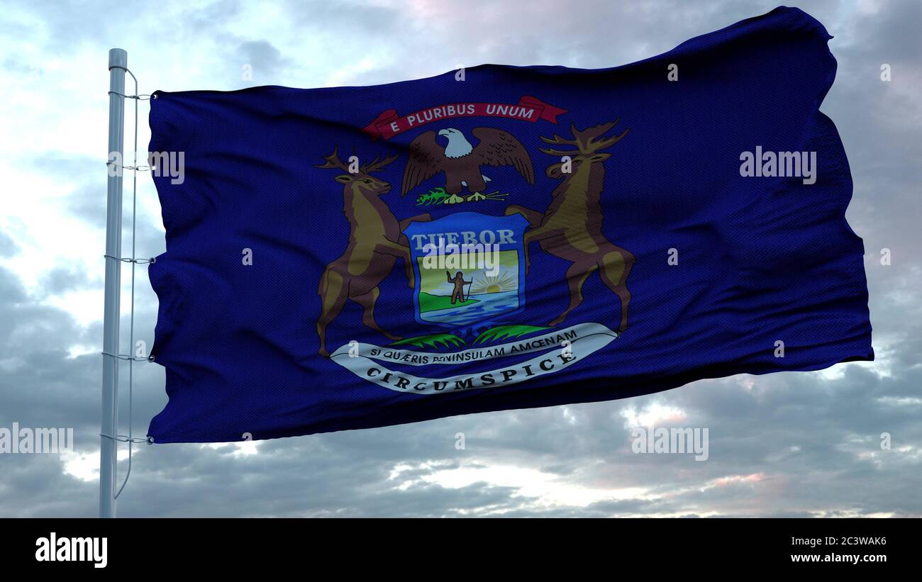 Flag of Michigan waving in the wind against deep beautiful clouds sky ...