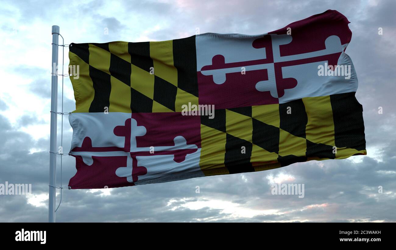 Flag of Maryland waving in the wind against deep beautiful clouds sky ...