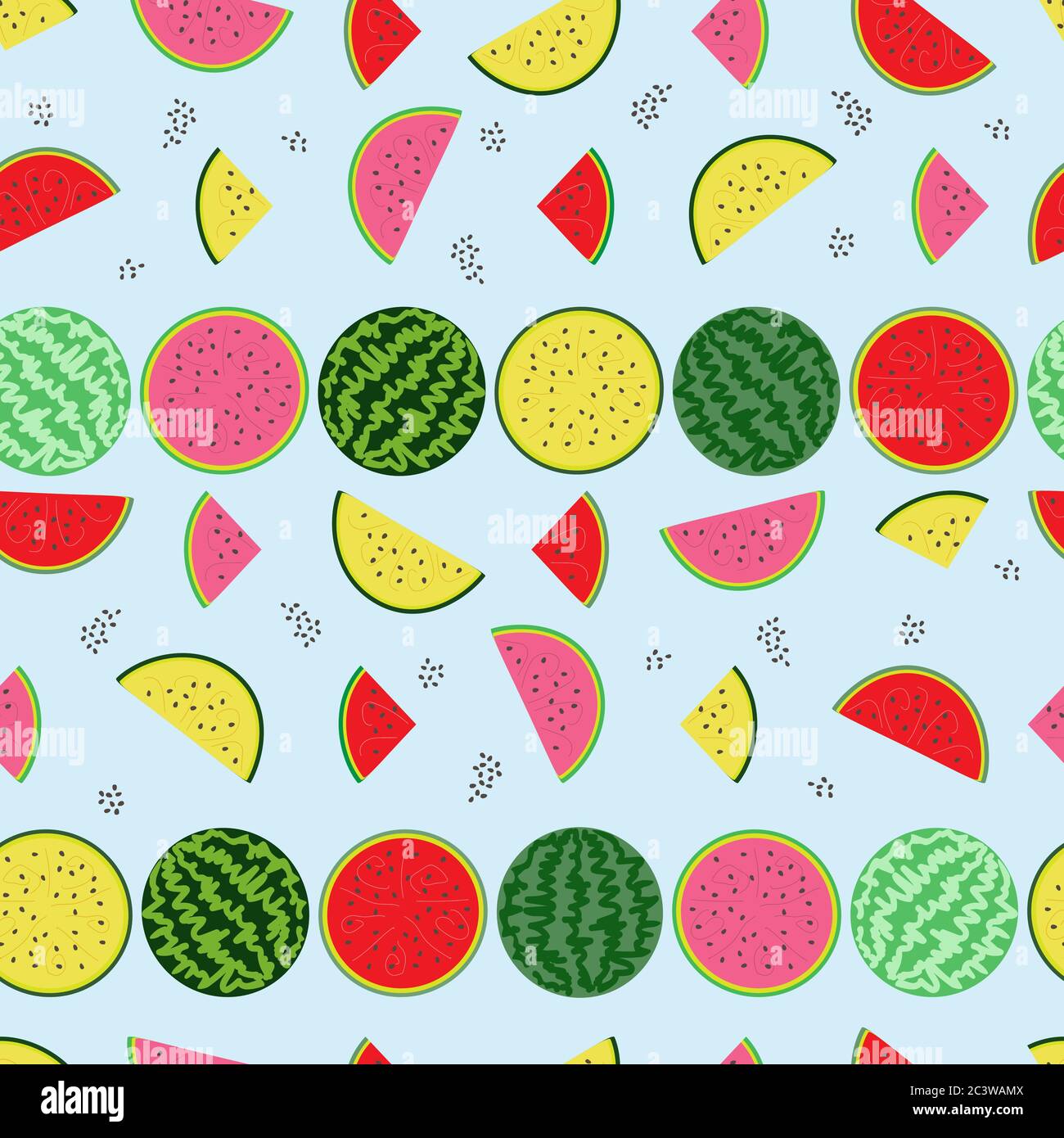 seamless pattern of striped watermelons, halves and slices of pink, yellow and red watermelons ...