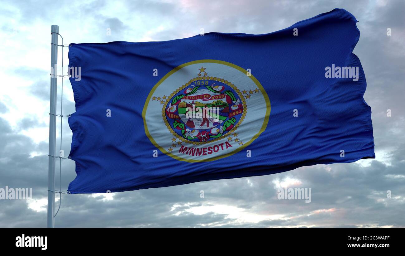 Flag of Minnesota waving in the wind against deep beautiful clouds sky ...