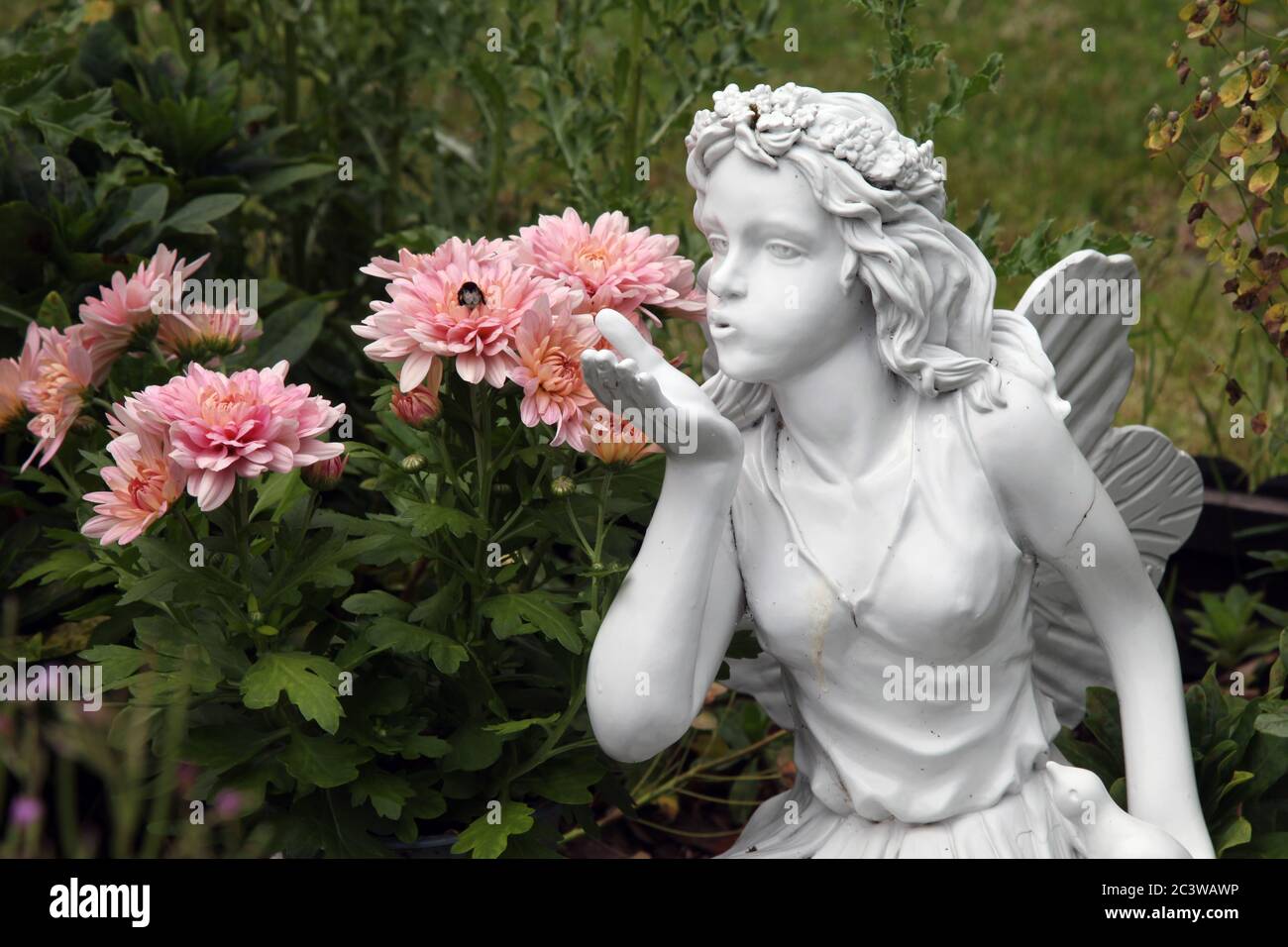 Antique White Sitting Fairy Angel Blowing a Kiss, Grave statue with bee ...