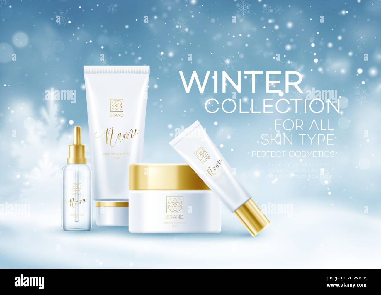 Winter cosmetics background template. Cosmetic tubes on Winter snowy ...