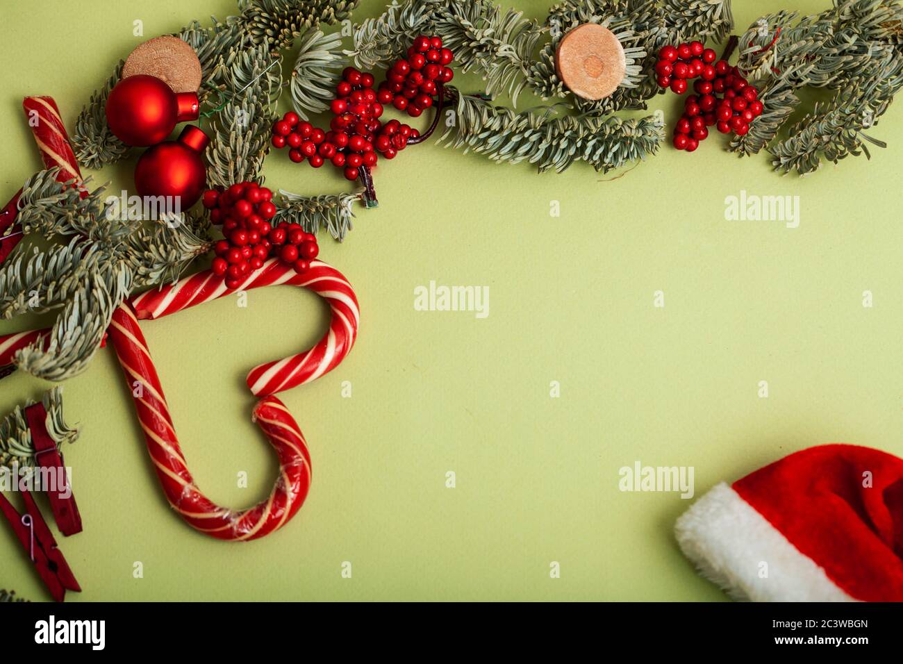 christmass stuff laying flat on colorful background, branch of tree ...