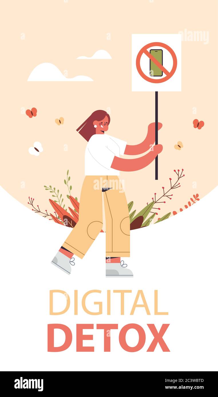 woman holding banner with sign prohibiting use smartphone digital detox ...