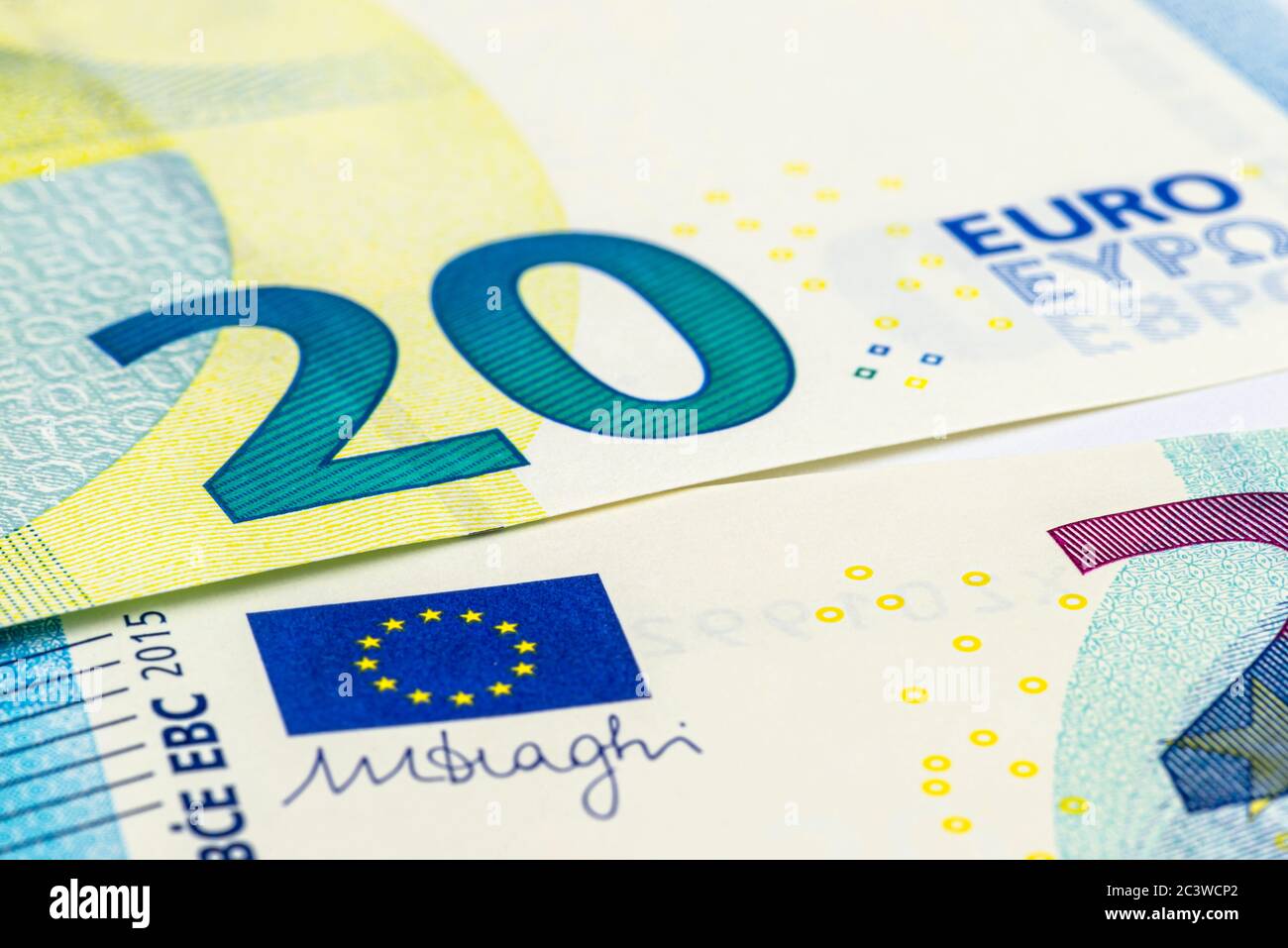 Macro shot of a European Union banknote of 20 EUR, close-up of the ...