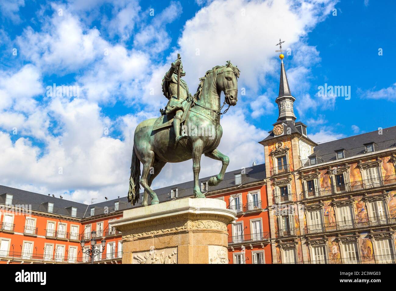 Plaza Mayor and statue of King Philips III in Madrid, Spain in a ...