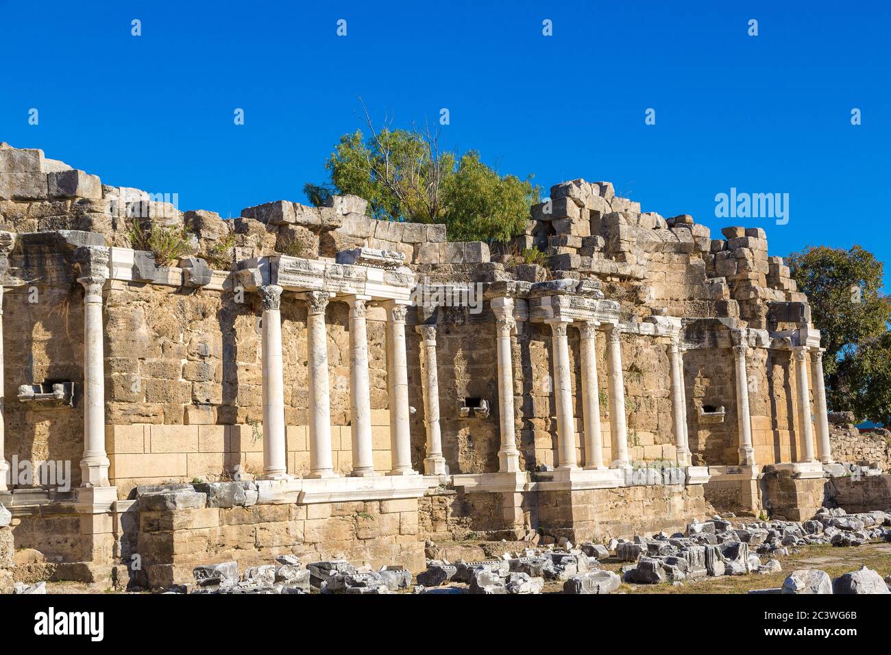Ruins of agora, ancient city in Side in a beautiful summer day, Antalya ...