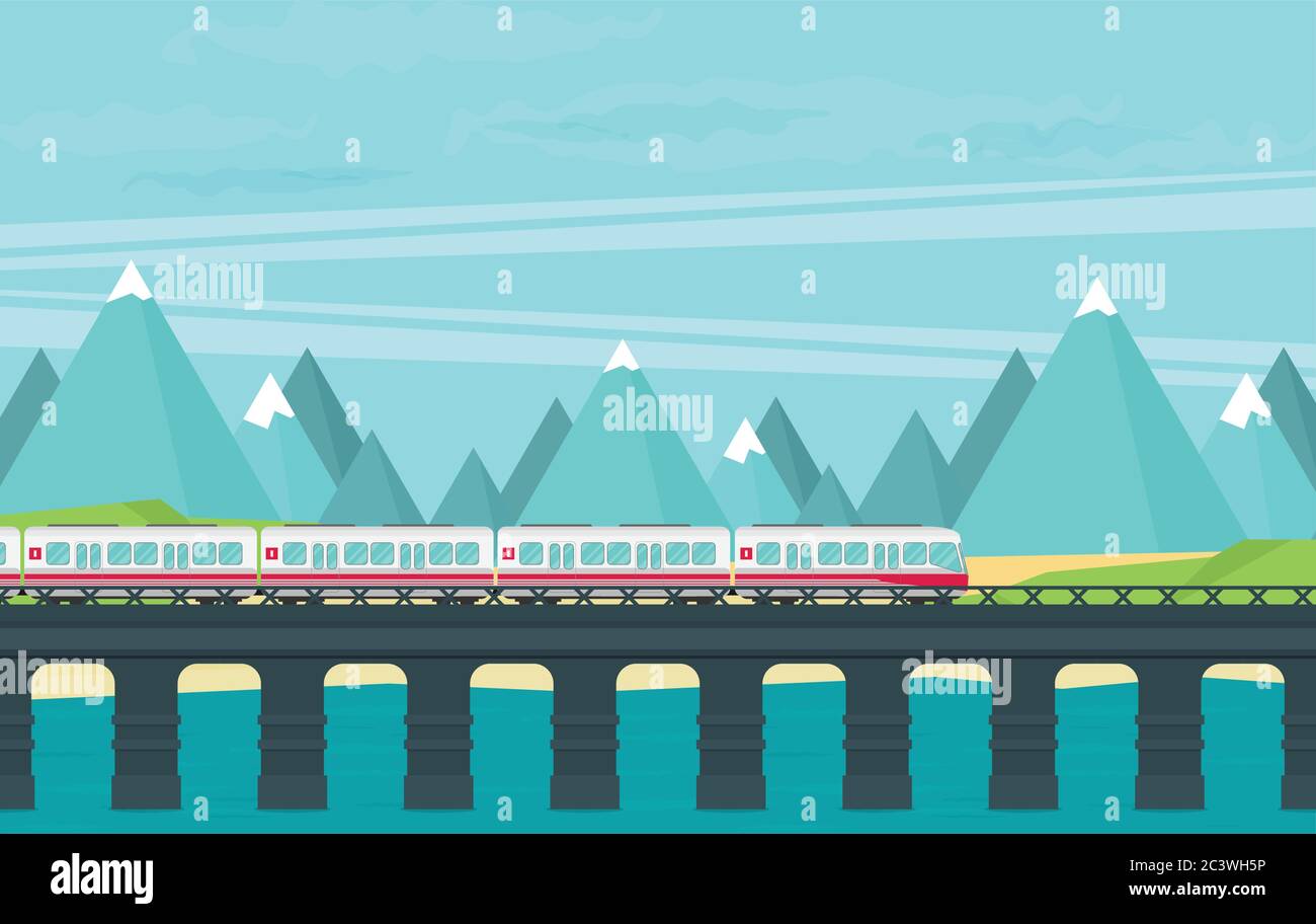 Train on railway with outdoor country landscape. Vector travel concept ...