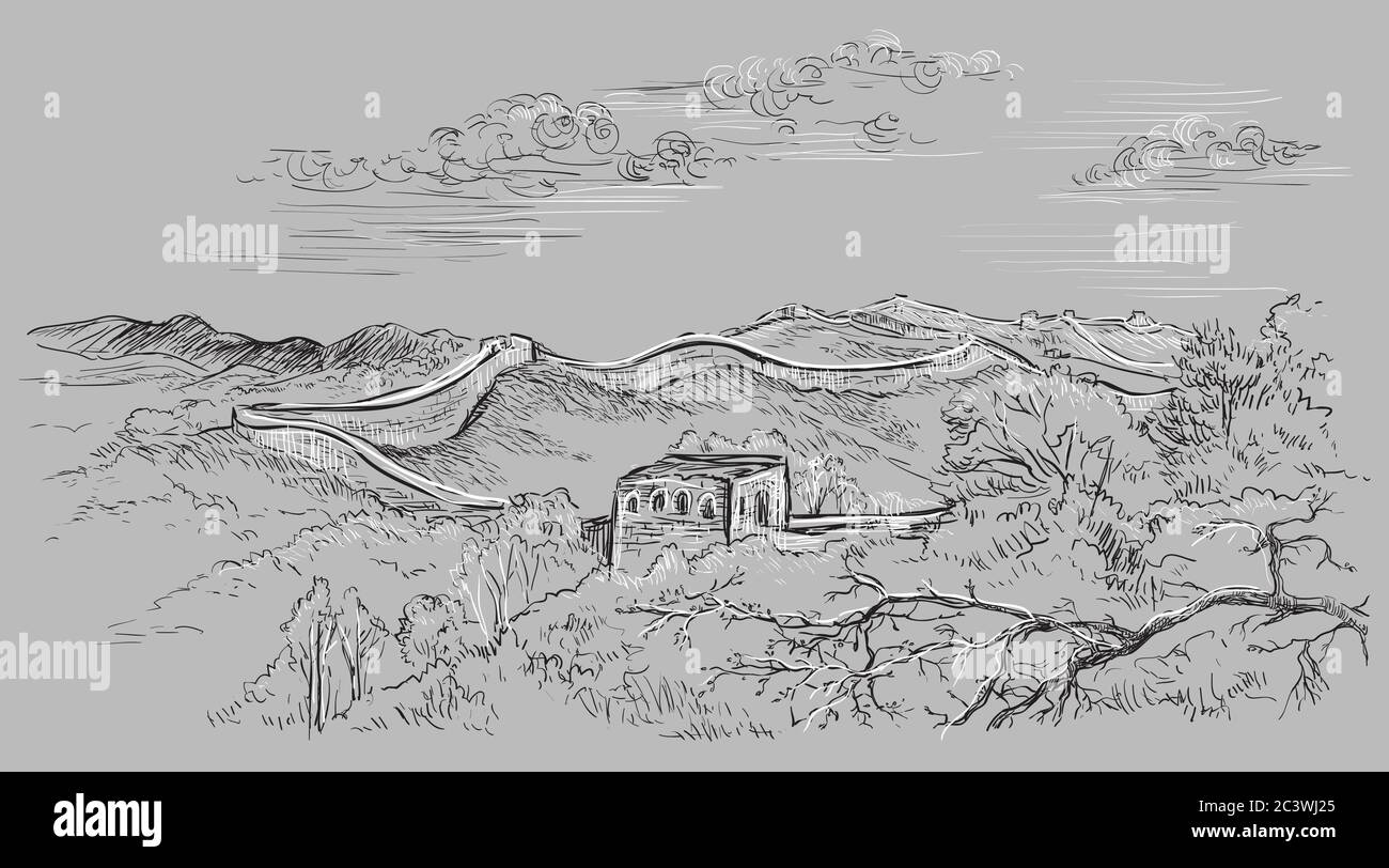 Sketch of the Great Wall of China, landmark of China. Vector hand ...