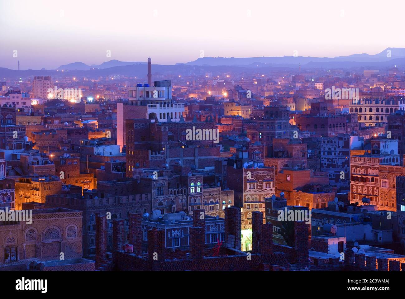 The capital of Yemen. View on the old city from roof at dawn Stock ...