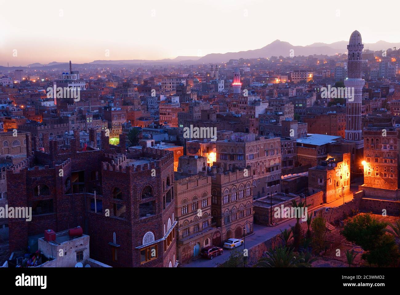 The capital of Yemen. View on the old city from roof at dawn Stock ...