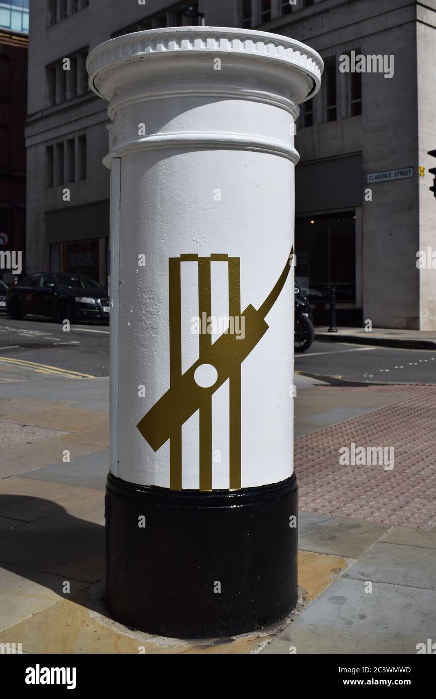 White post box next to Manchester Town Hall celebrating ICC cricket ...