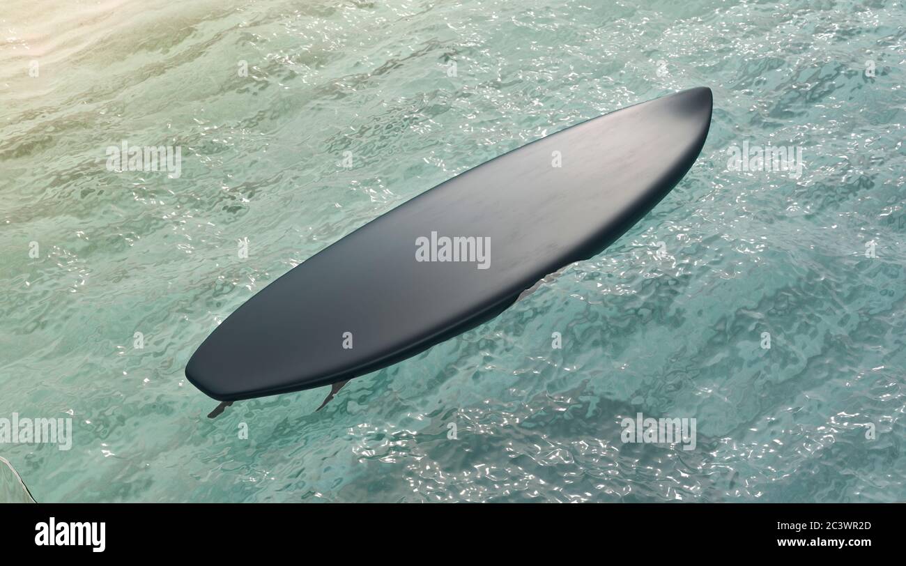 Blank black surfboard on water surface mockup, side view Stock Photo ...
