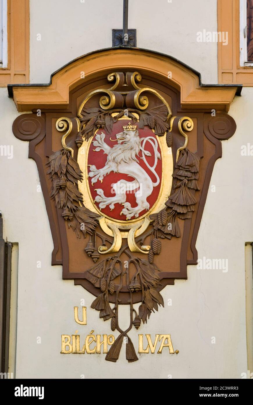 Cartouche with Bohemian Lion on "At White Lion" house, home to Madame ...