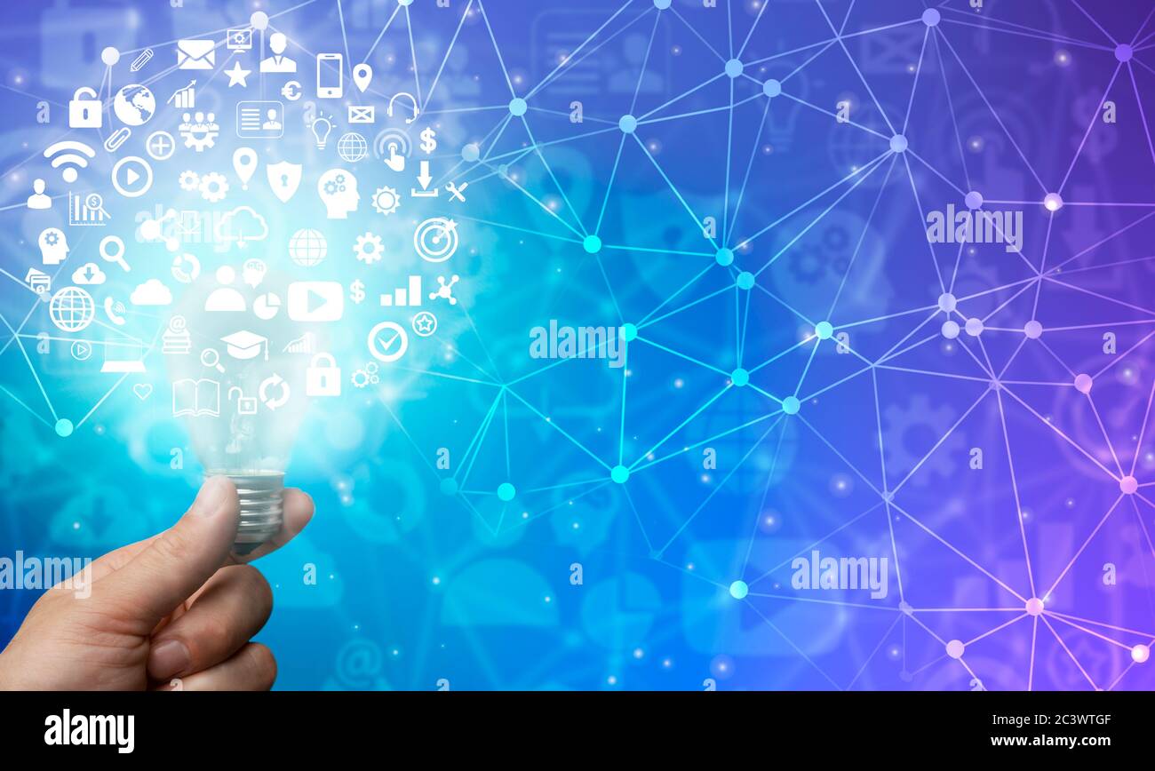 Digital Marketing Ideas. Hand Holding Glowing Light Bulb With Different ... Digital Marketing Ideas. Hand Holding Glowing Light Bulb With Different ...