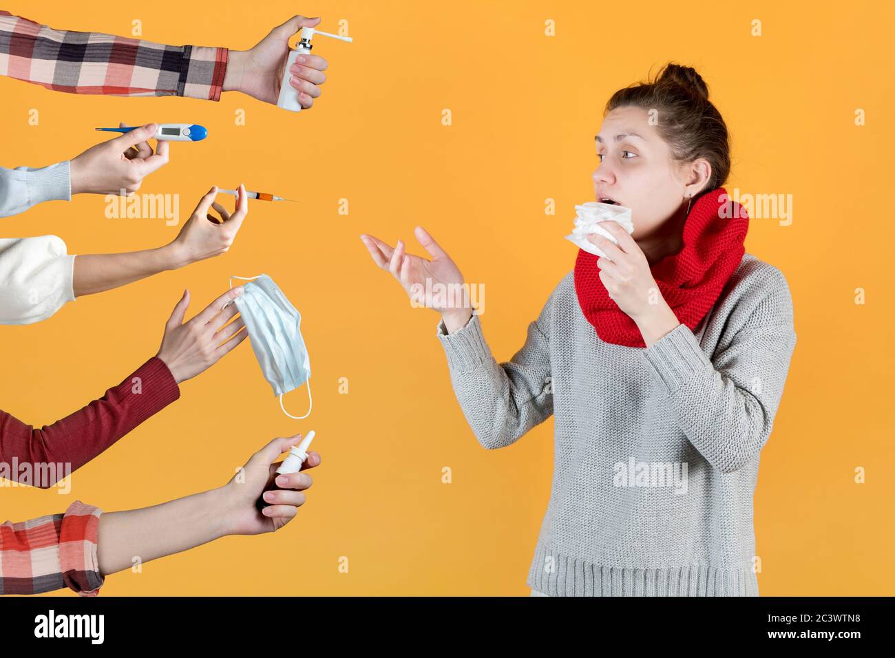 woman is sick and she is offered treatment in the form of hands with ...