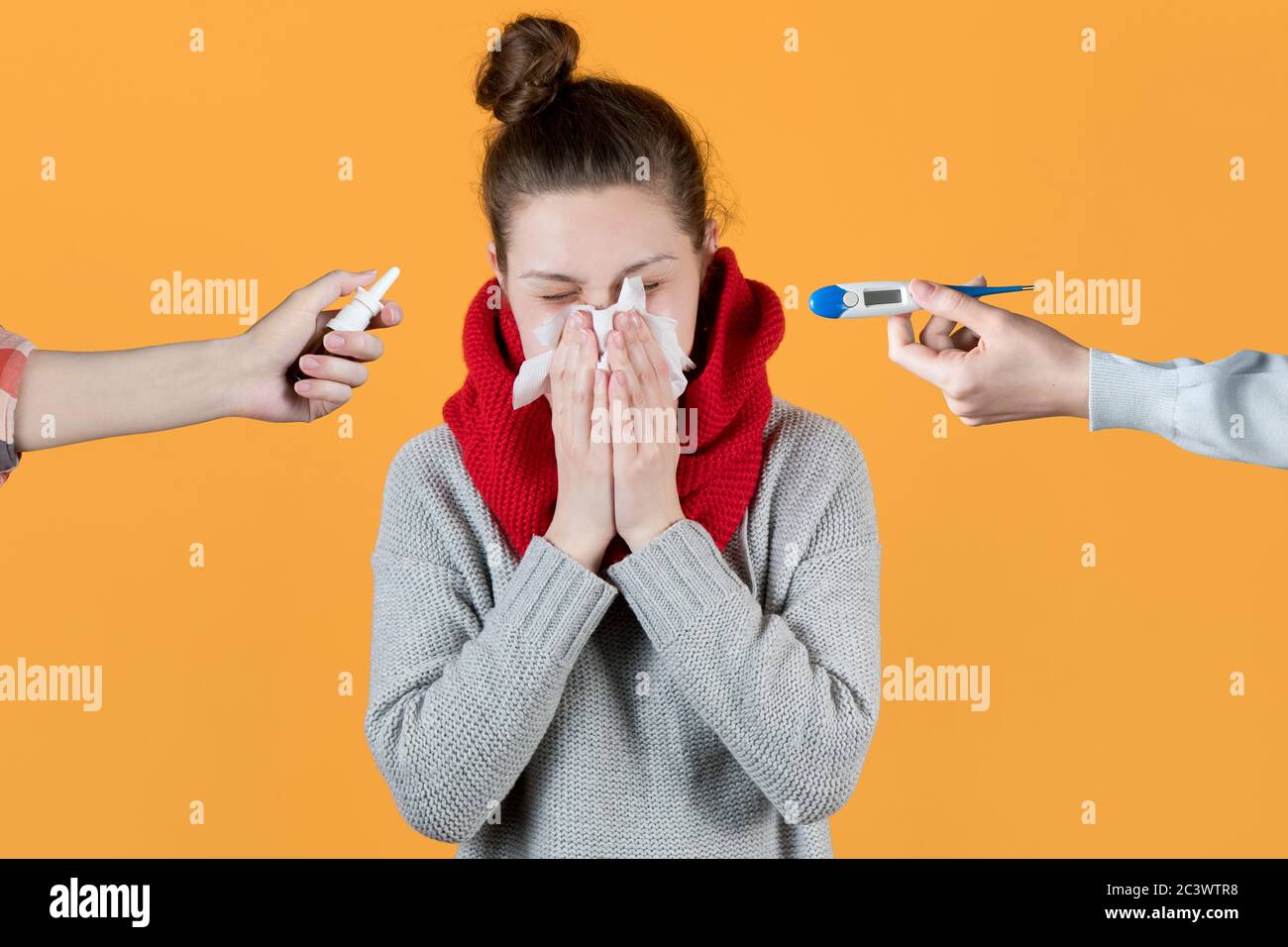 A girl with symptoms of the virus and a cold is offered to measure the ...