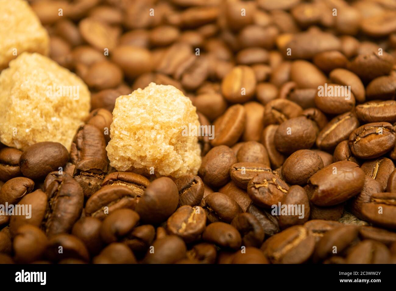 Chocolate, coffee beans, and chunks of brown cane sugar. Close up ...