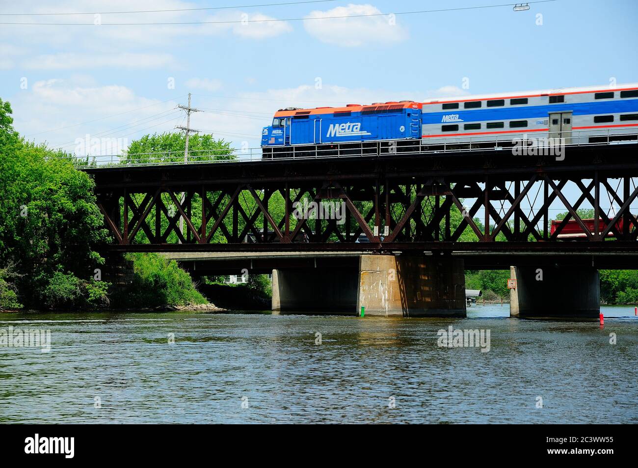 Chicago METRA train crossing bridge in Fox River Grove, Illinois Stock ...