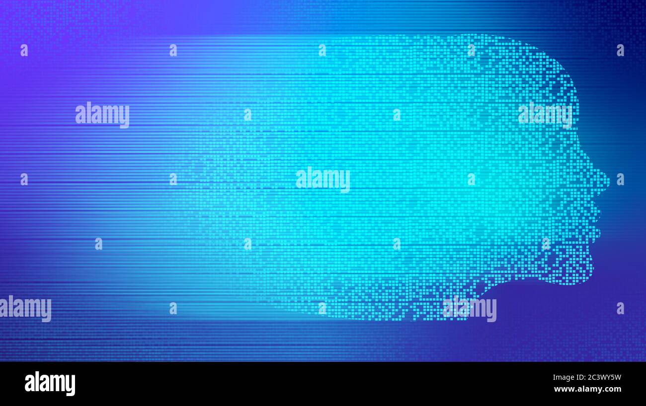 Abstract futuristic background with woman silhouette fading into pixels ...