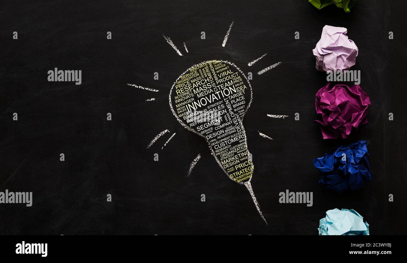 Innovation and brainstorming. Lightbulb drawn on chalkboard with ...