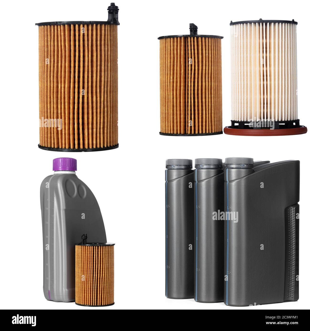 Car parts: air filters and engine oil on white background Stock Photo ...