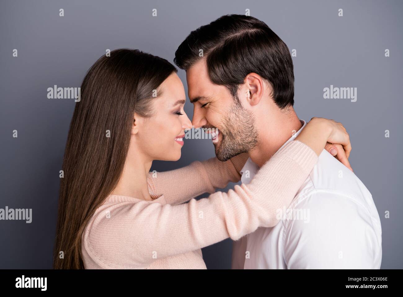 Close-up profile side view portrait of his he her she nice attractive ...
