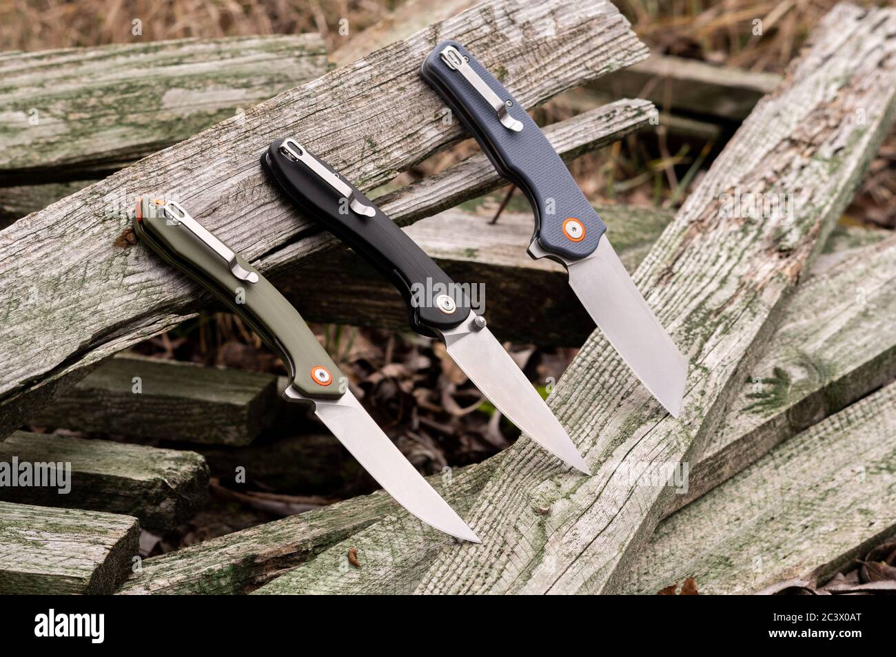 Comparison of several knives. Several knives in a row. Showcase of ...