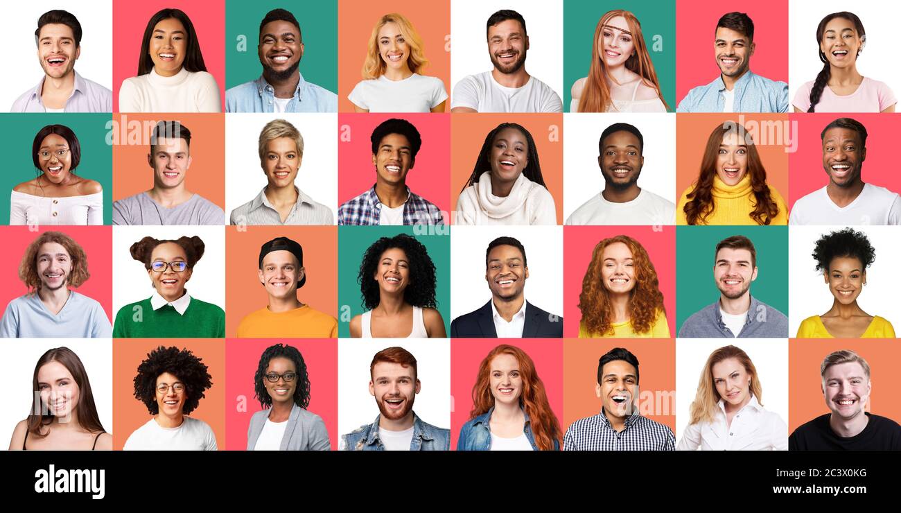 Mosaic Of Cheerful Young People Portraits On Different Colored ...
