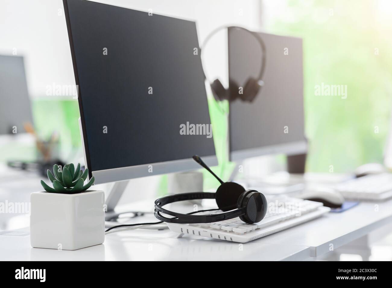 Call center and customer service. Computer monitor with blank space for ...