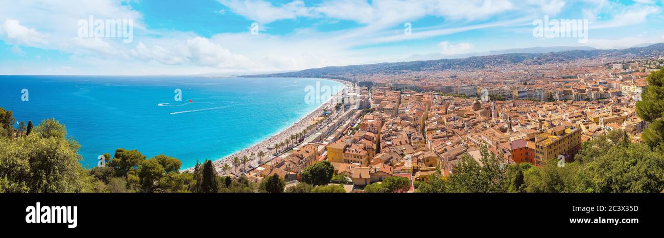 Panoramic aerial view of public beach in Nice in a beautiful summer day ...