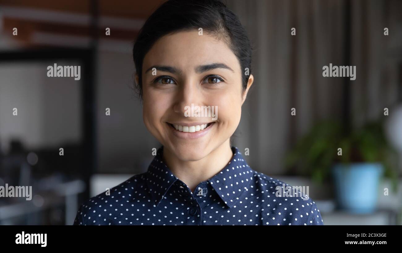 Headshot portrait of successful indian businesswoman smile looks at ...